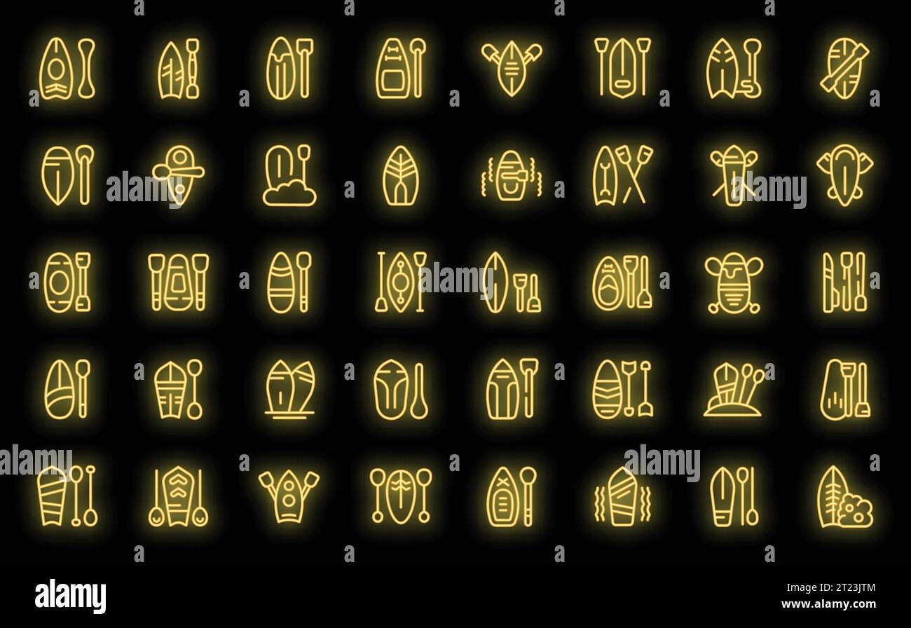 Paddle board icons set outline vector. Sup board water. Beach activity neon color on black Stock ...