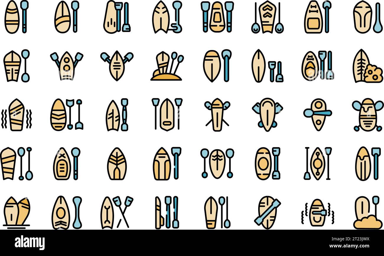 Paddle board icons set outline vector. Sup board water. Beach activity thin line color flat on ...