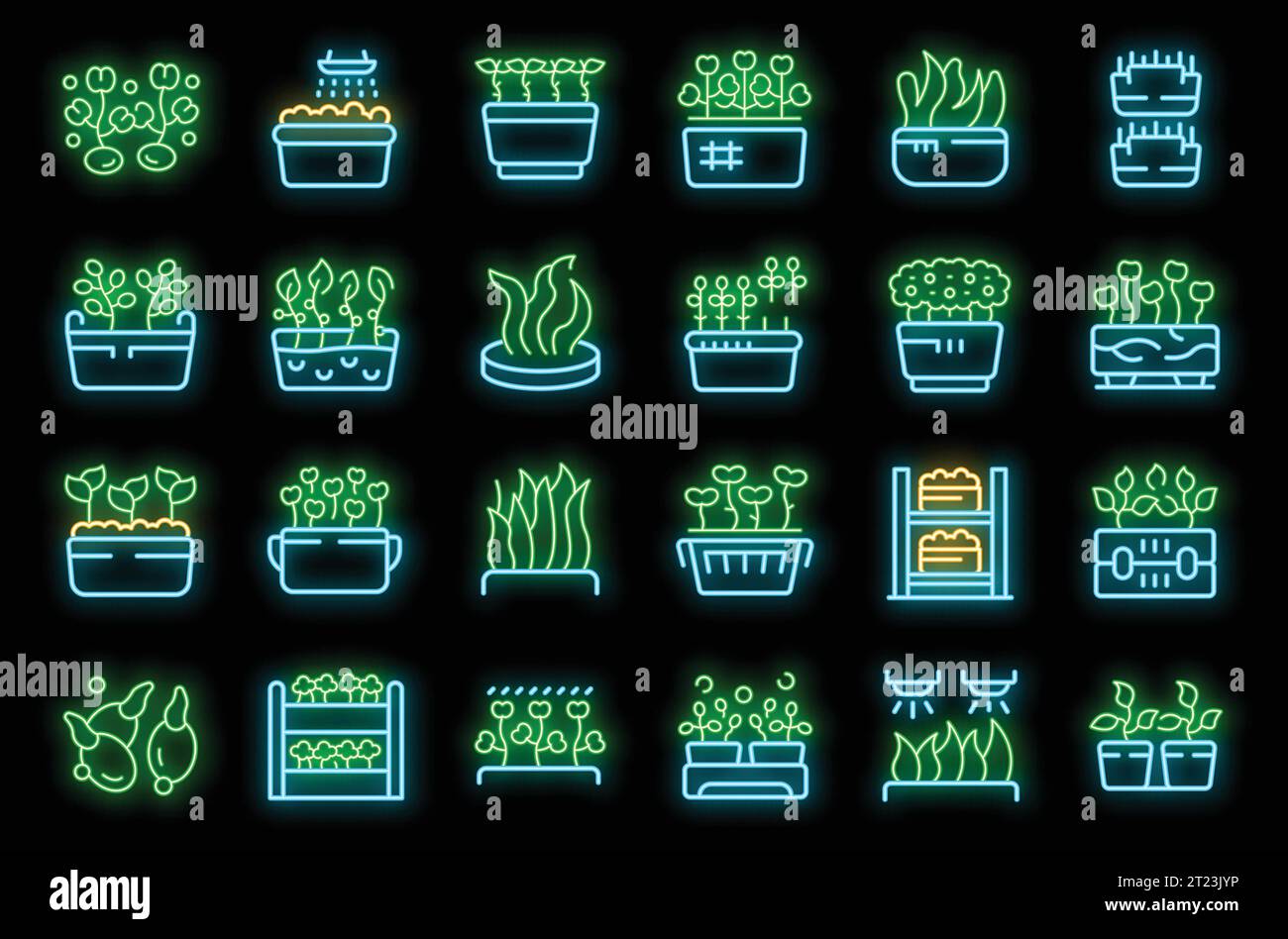 Growing microgreens icons set outline vector. Sprout plant. Pea beet ...