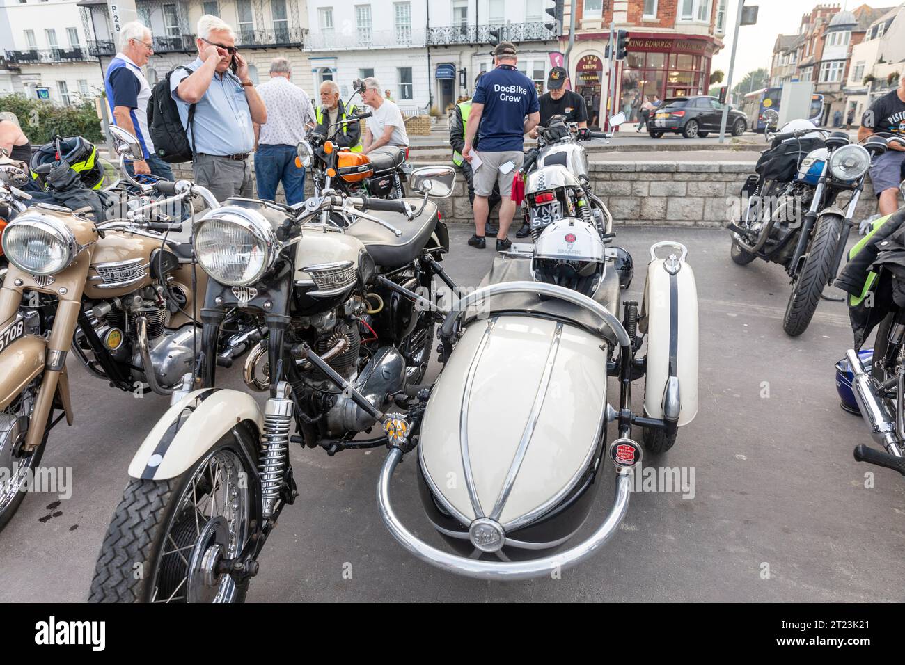 Triumph Bonneville motorbike parked with sidecar attached at Weymouth ...