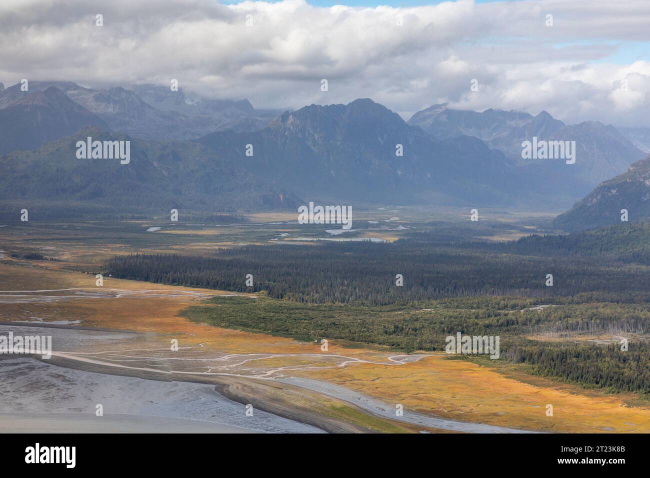 Aerial view of mountain valley in Lake Clark National Park and Preserve ...