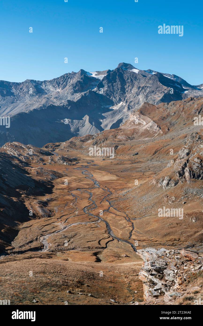 mountain valley with many small water streams in autumn. dry grass and ...