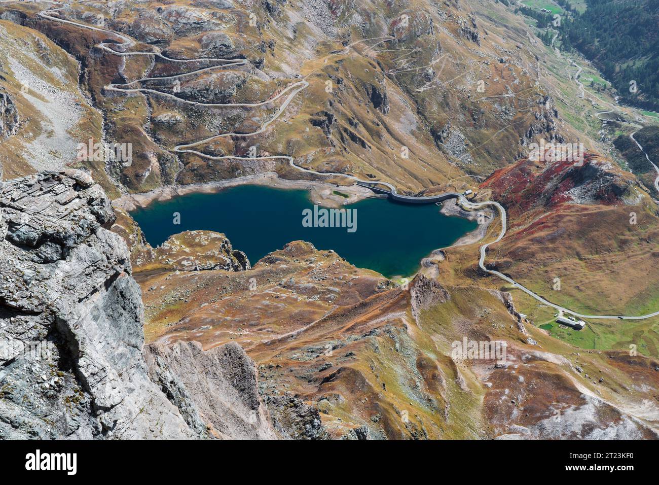 Agnel Lake and dam, winding road to Nivolet pass (Ceresole Reale, Orco ...
