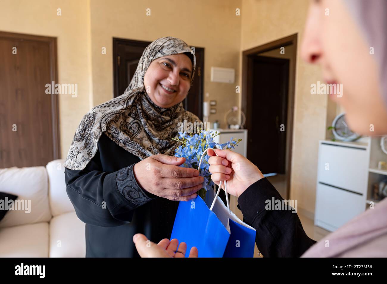 Arabic woman giving present or gift to her mother wearing hijab and ...