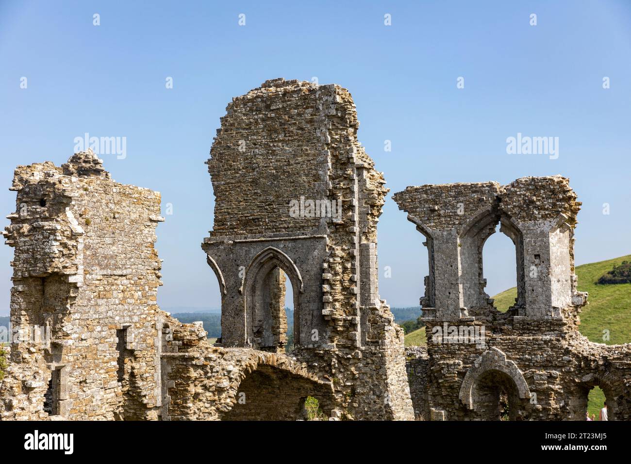 Corfe Castle Isle of Purbeck Dorset, castle ruins and walls against ...