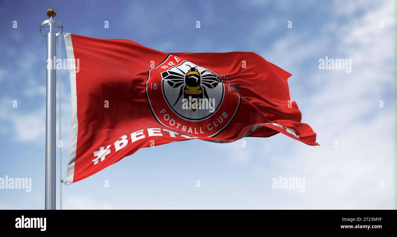 London, UK, Feb 19 2023: Brentford Football Club flag waving in the ...