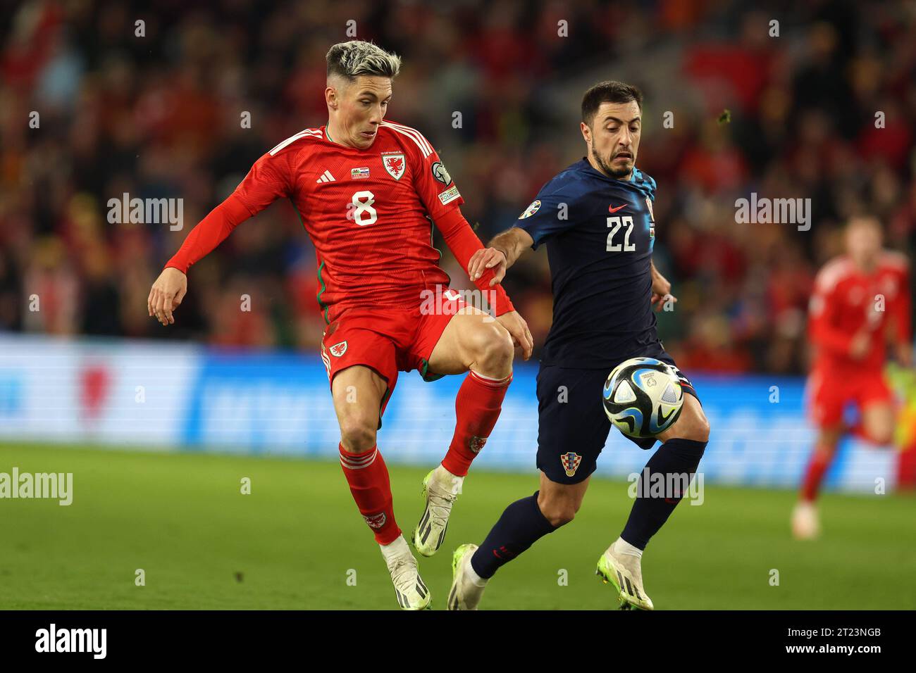Cardiff, UK. 15th Oct, 2023. Harry Wilson of Wales (l) and Josip ...