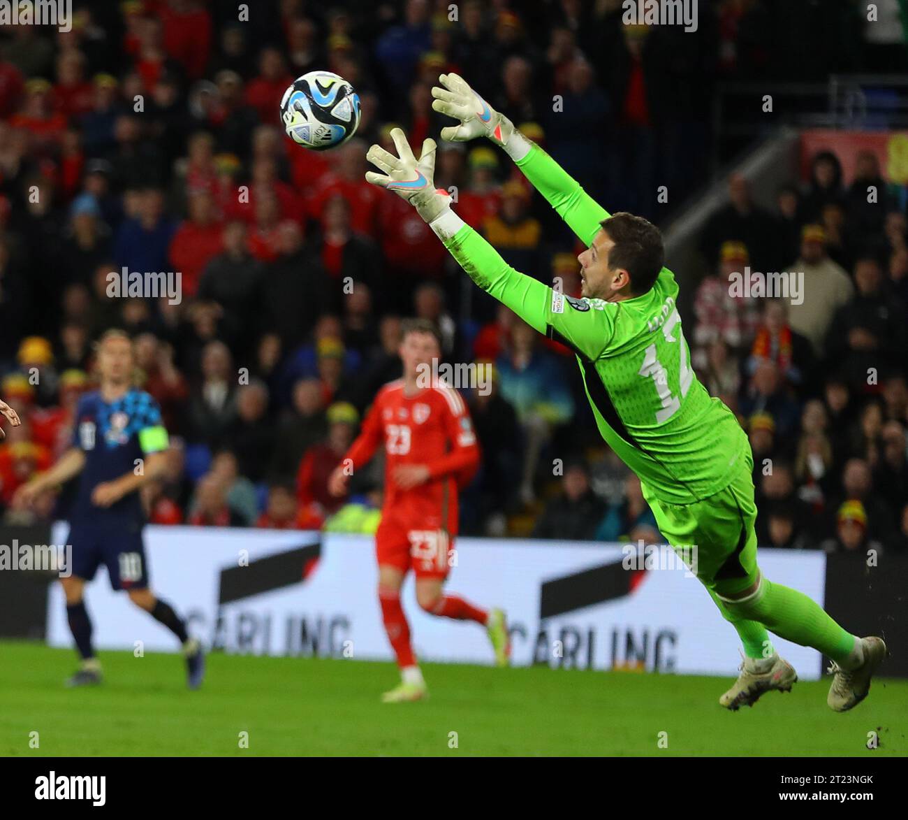 Cardiff, UK. 15th Oct, 2023. Danny Ward, the goalkeeper of Wales makes ...