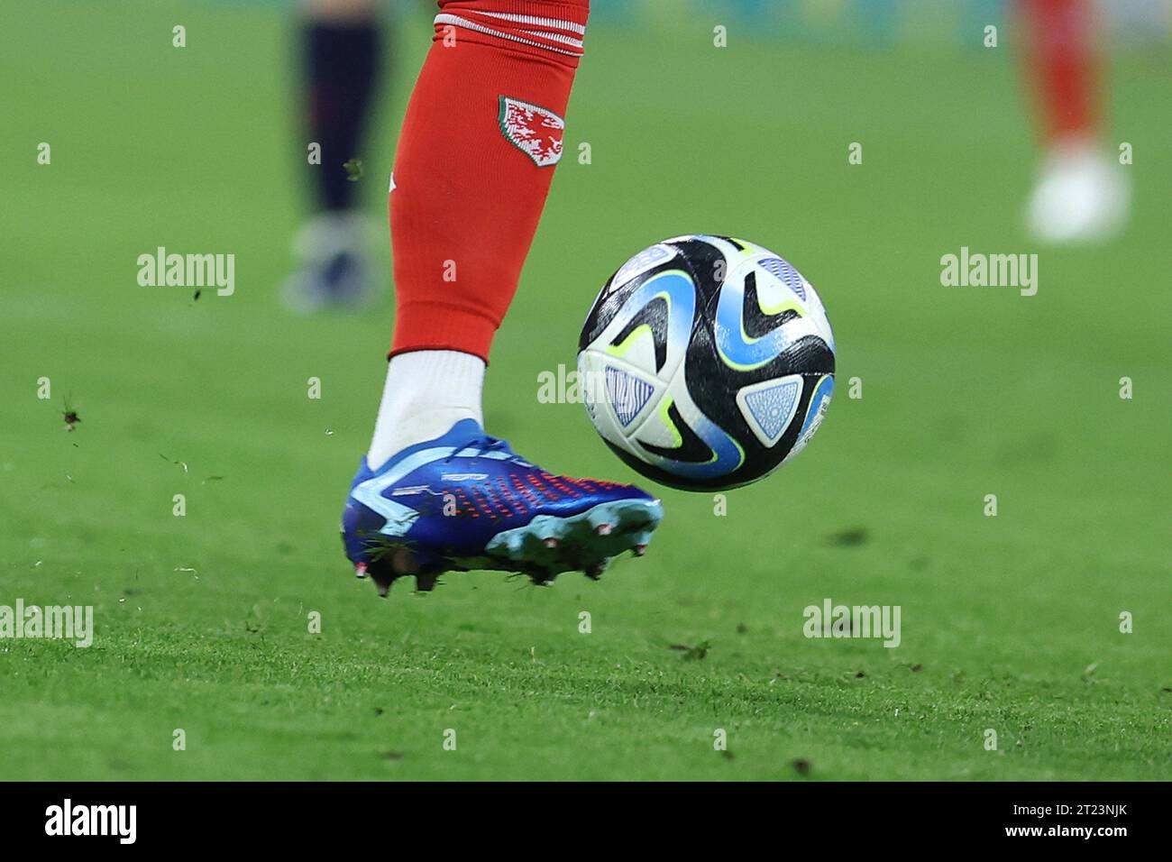 Cardiff, UK. 15th Oct, 2023. A match ball and football boots of Kieffer ...