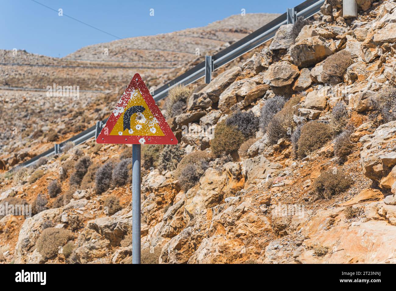 08.20.2023. Crete, Greece. Roadside traffic warning sighn 'Land Slide ...