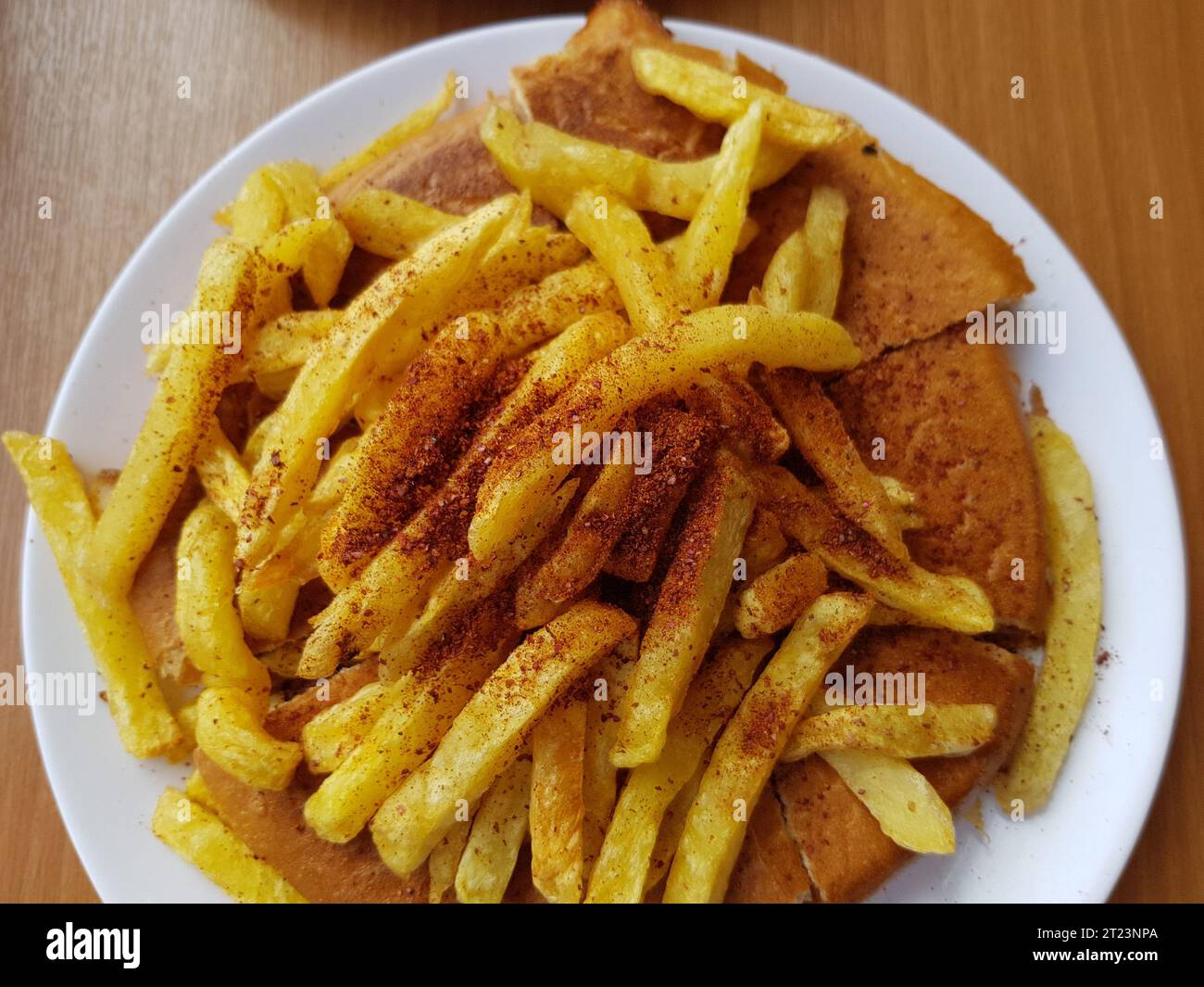 Shawarma dish served on wooden table with close up and top view also ...