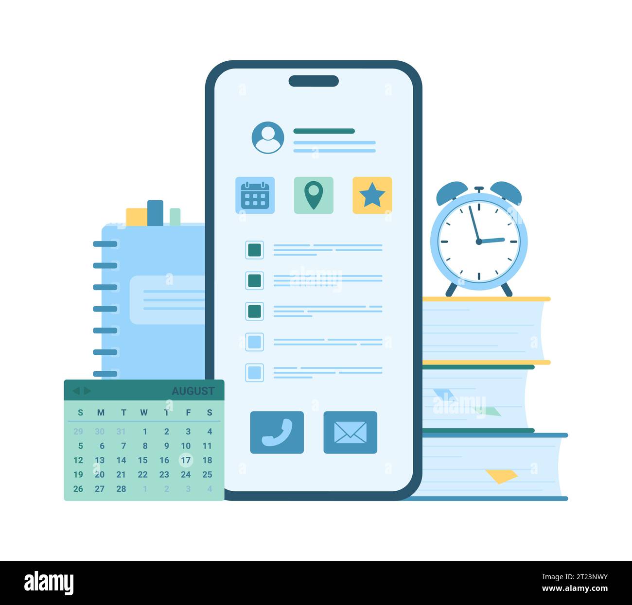 Organizer and calendar app in mobile phone vector illustration. Cartoon ...