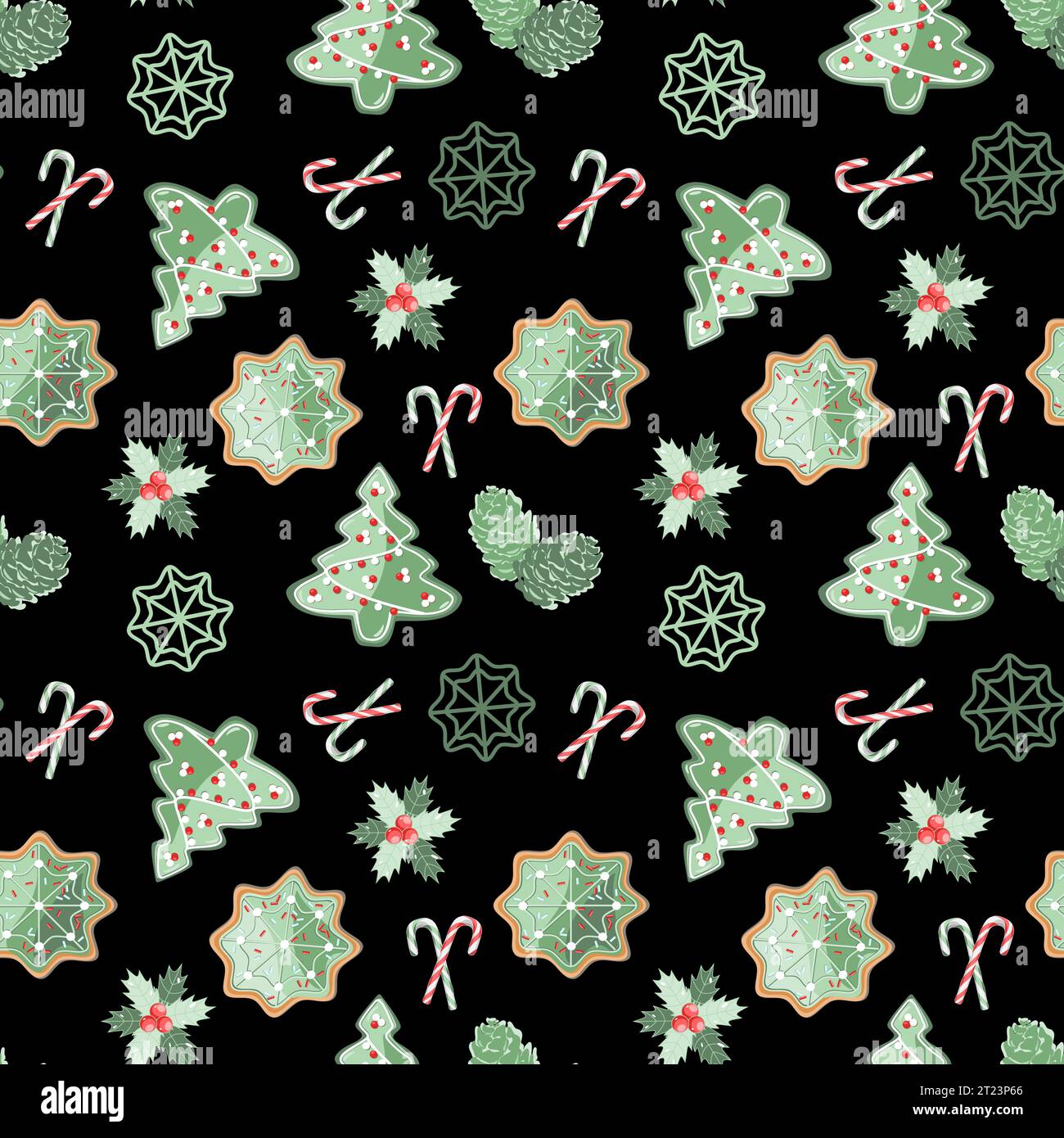 Seamless winter holiday pattern with Christmas decorations on a black ...