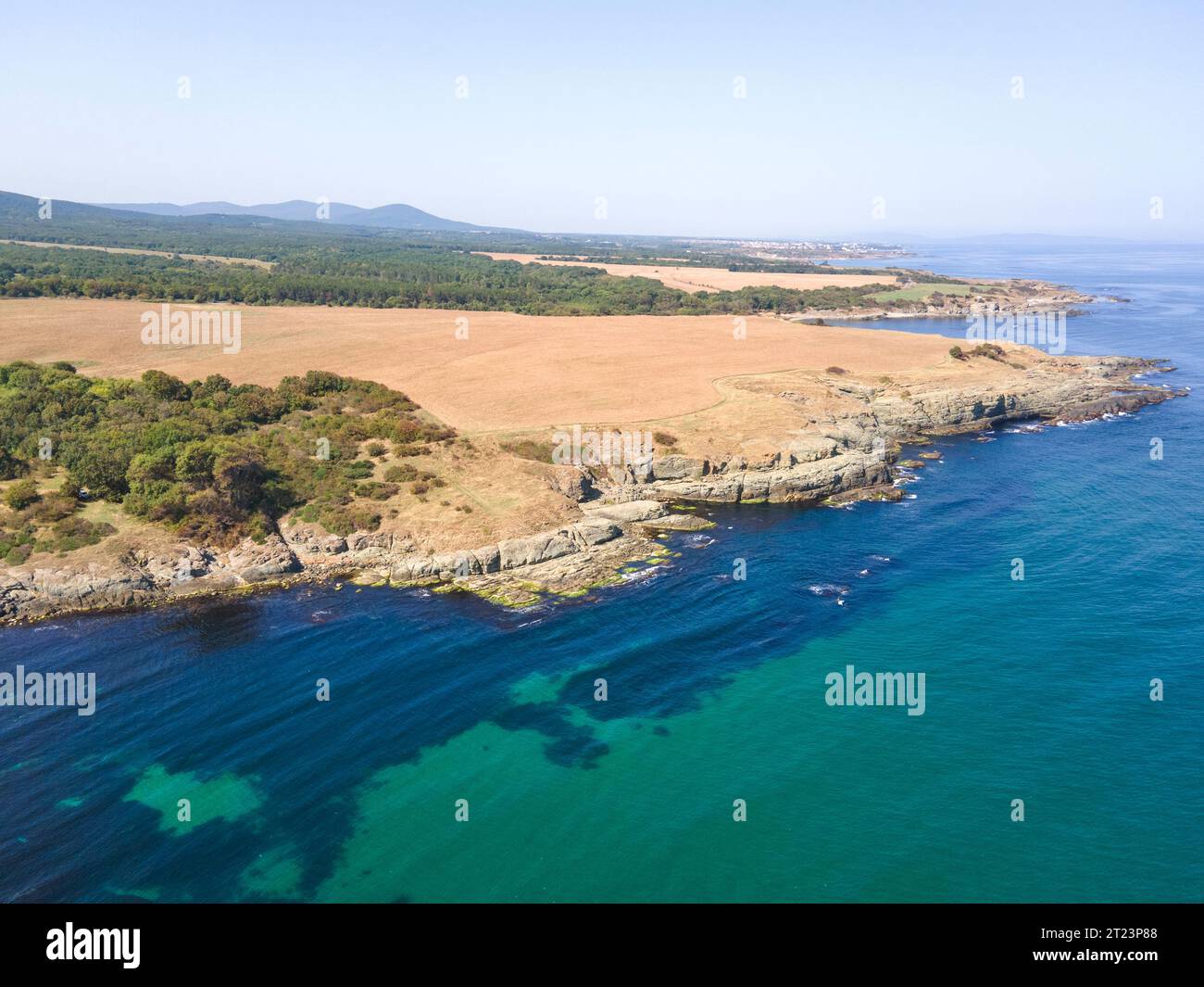 Aerial view of Black Sea coastline near village of Varvara, Burgas ...