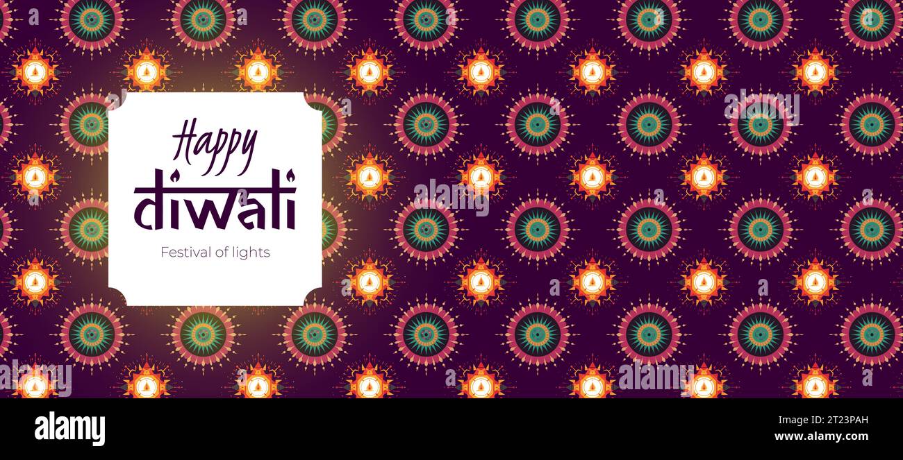 Indian holiday Happy Diwali horizontal banner. Deepavali India festival of lights print. Hindu ...