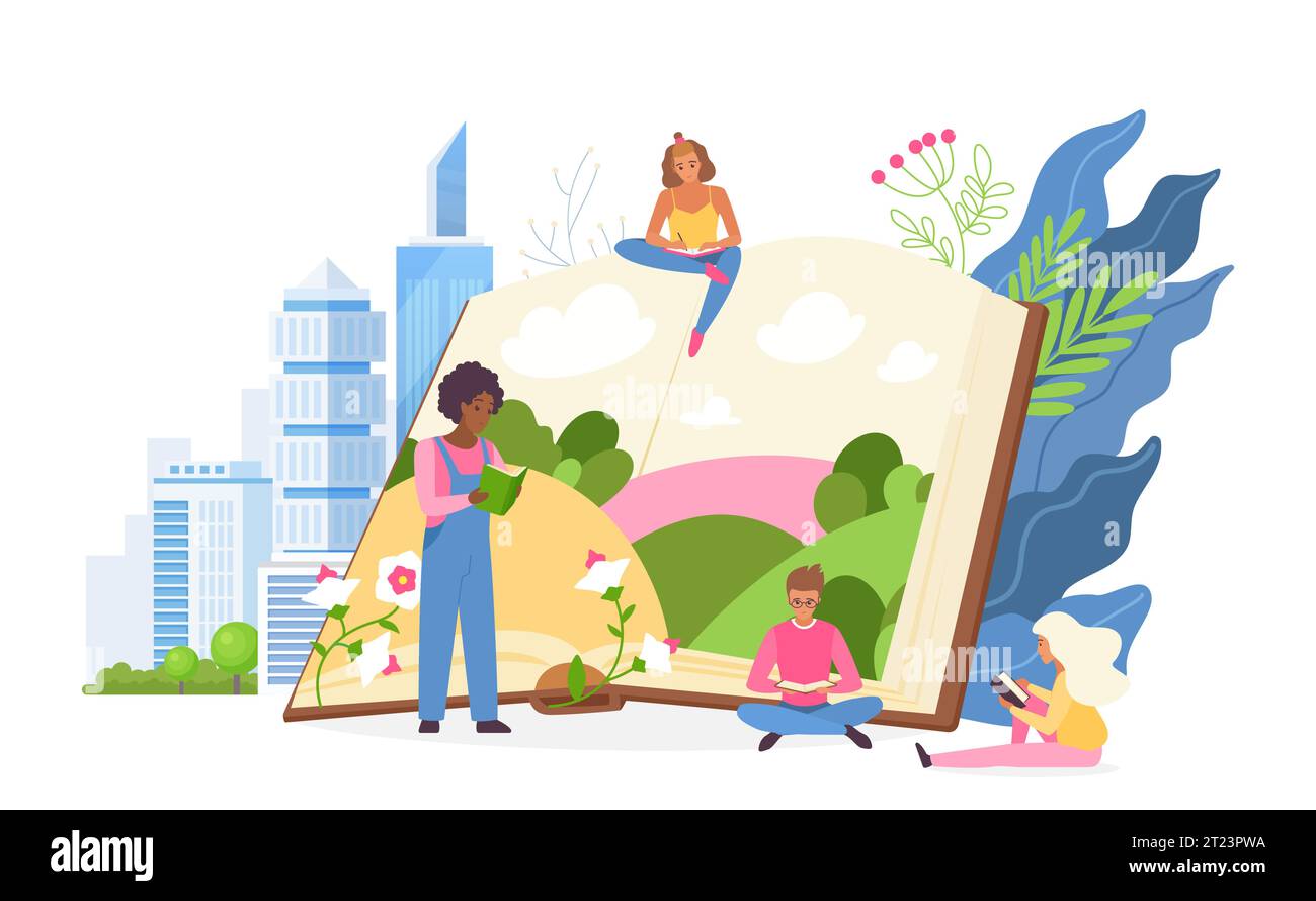 Magic inspiration from reading books vector illustration. Cartoon tiny ...