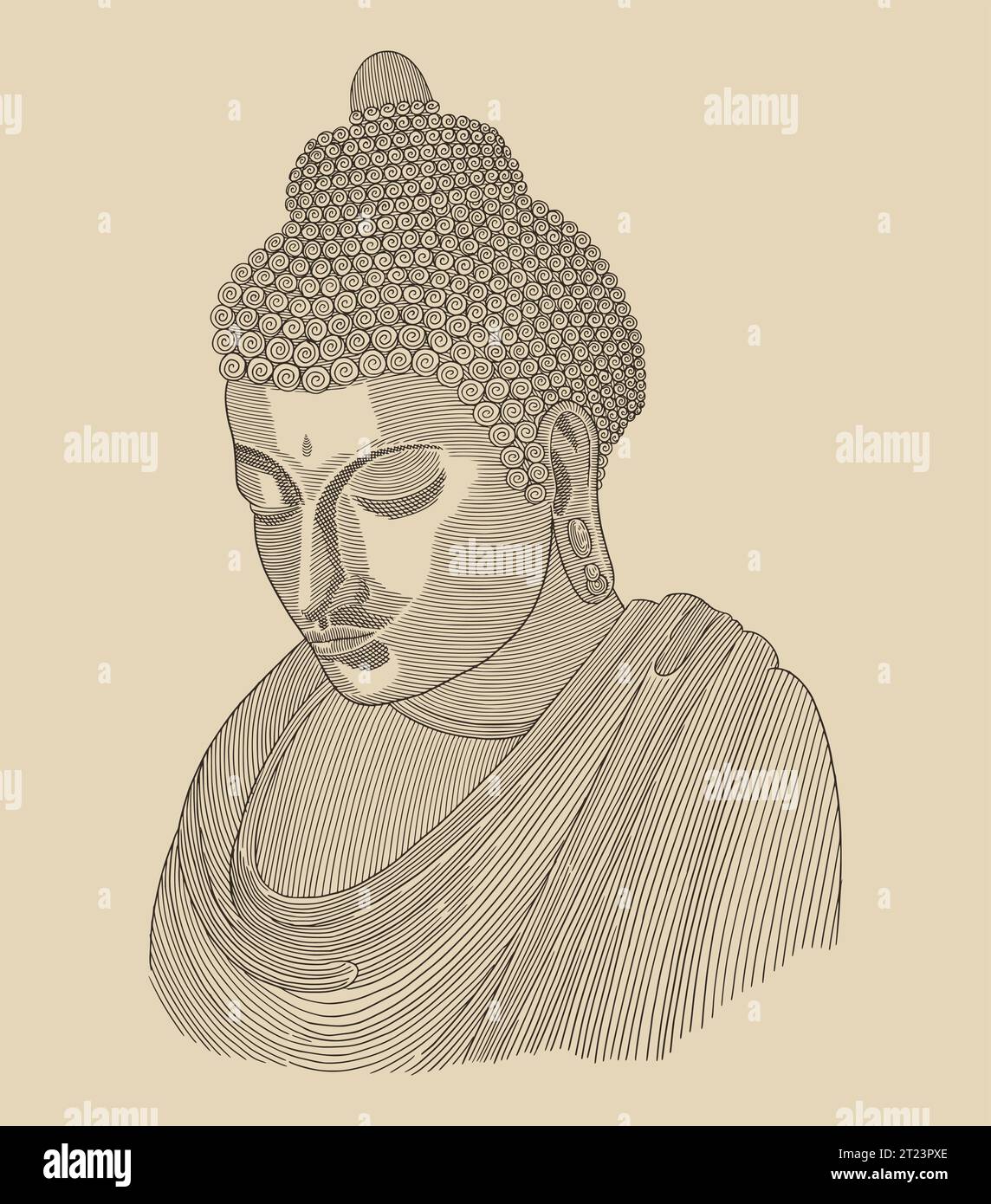 Portrait of buddha, vintage engraving drawing style vector illustration ...