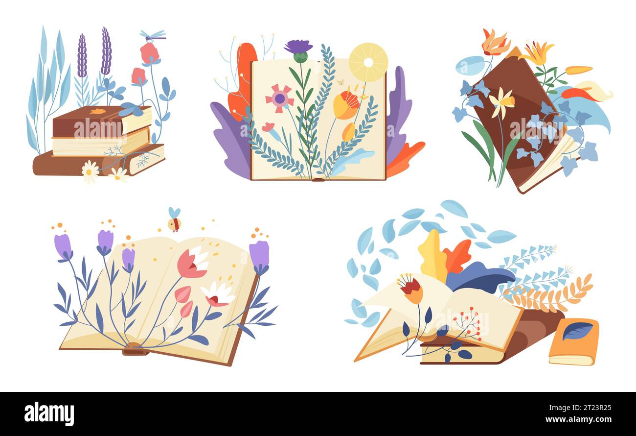 Books with spring and summer flowers and leaves set vector illustration ...