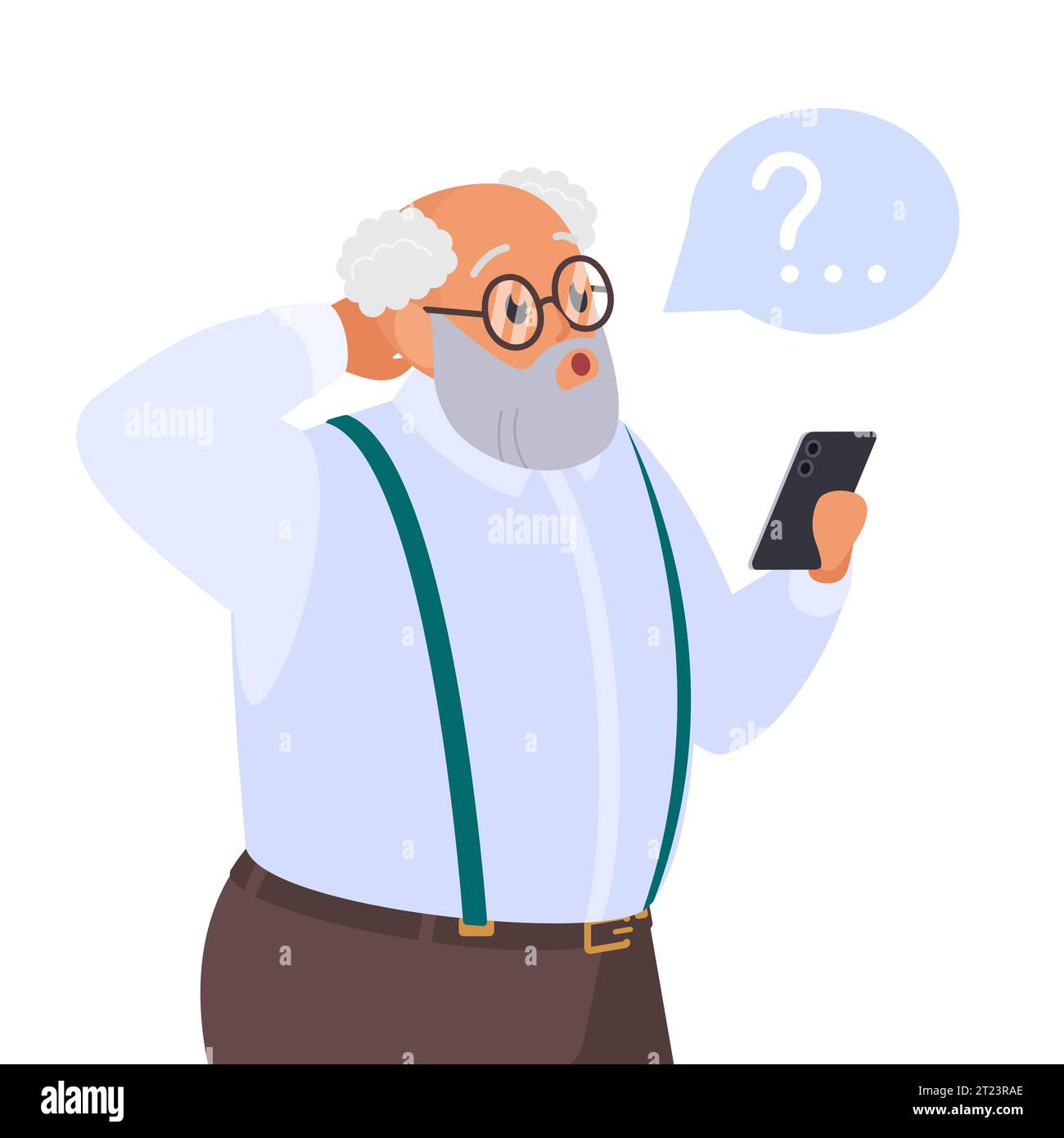 Confused Old Man Holding Phone Vector Illustration Cartoon Isolated