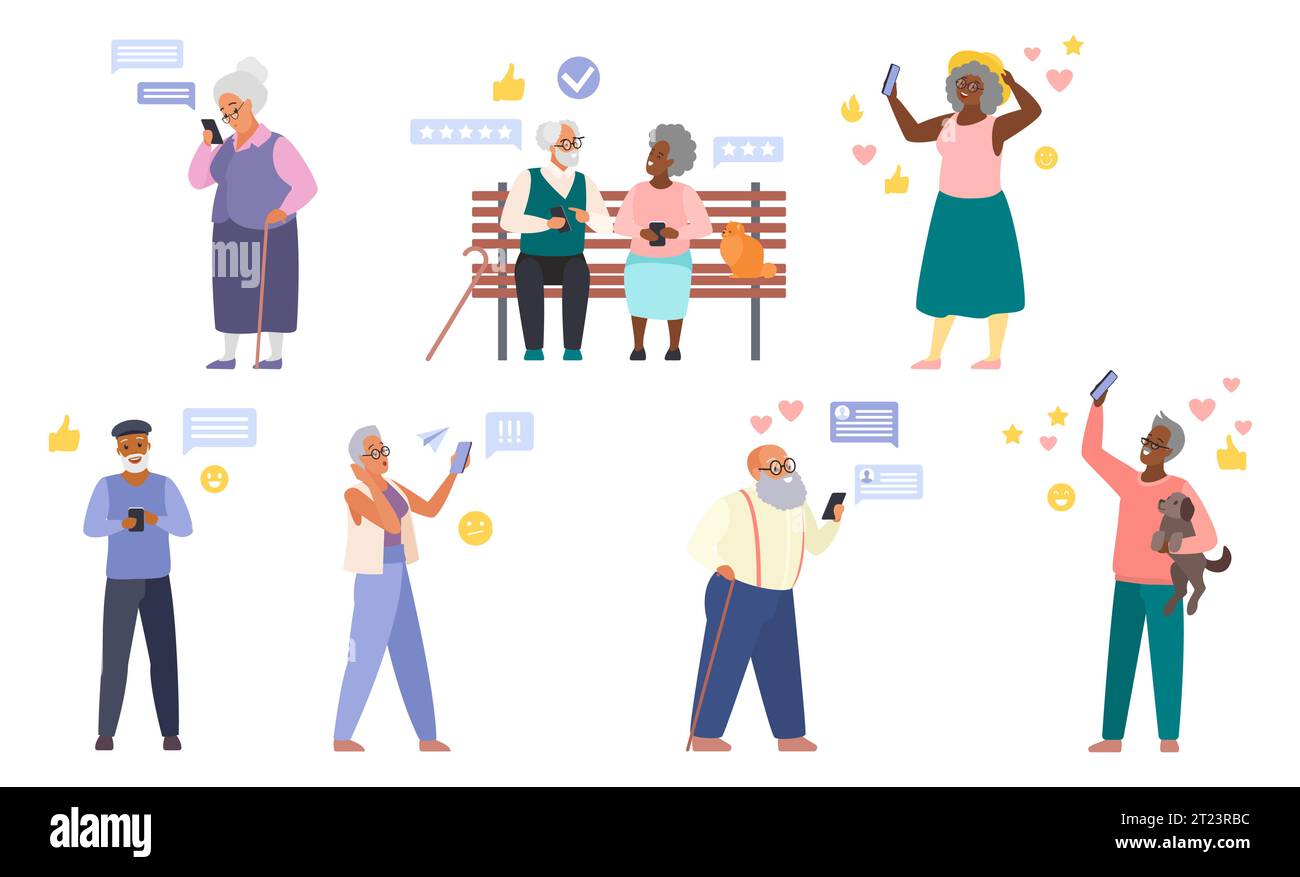 Old people with mobile phones set vector illustration. Cartoon isolated ...