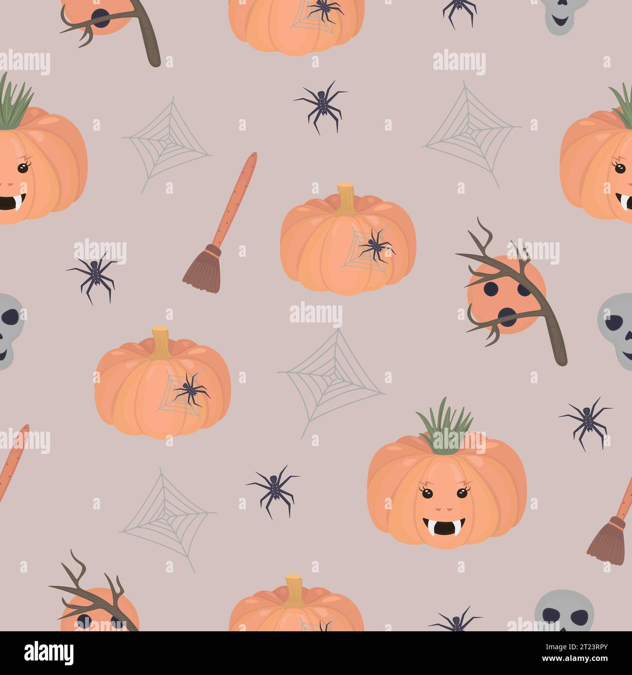 Spooky Halloween seamless pattern with pumpkins and spiders, vector ...
