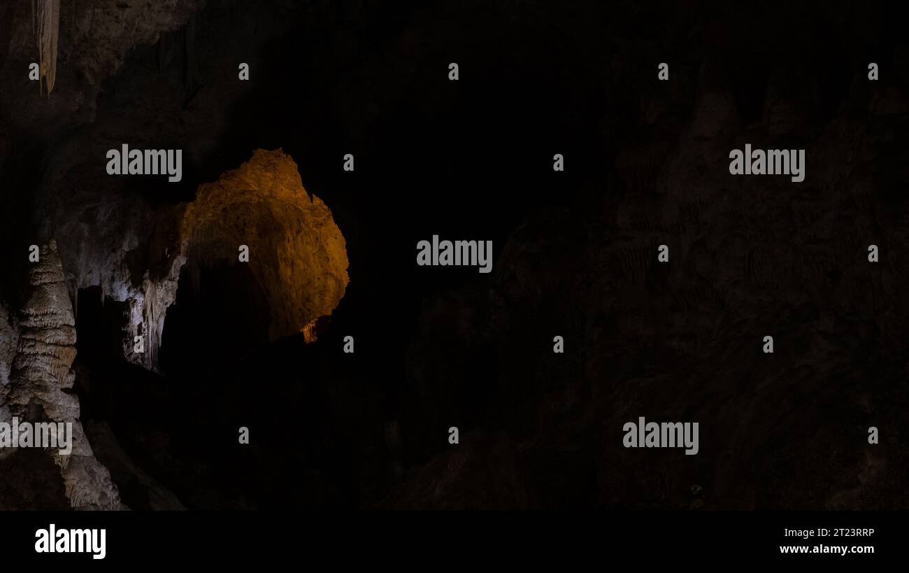 Golden Lit Cave With Copy Space to Right in Carlsbad Caverns Stock ...