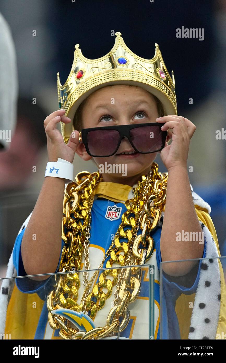 A fan wears a costume in the stands before an NFL football game between ...