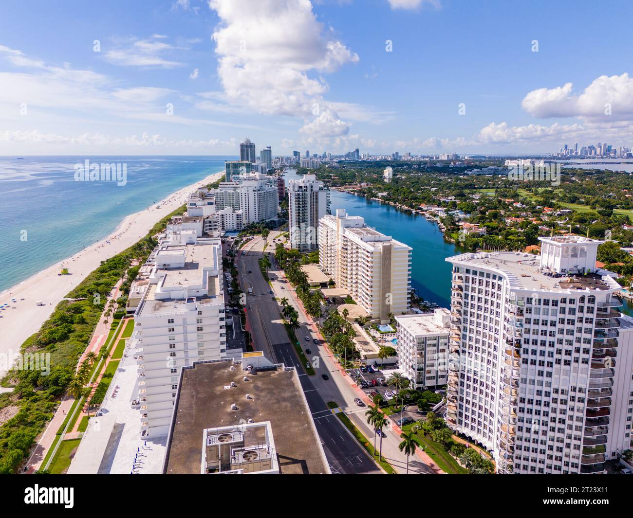 Aerial photo coastal condominiums in Miami Beach on Collins Avenue ...