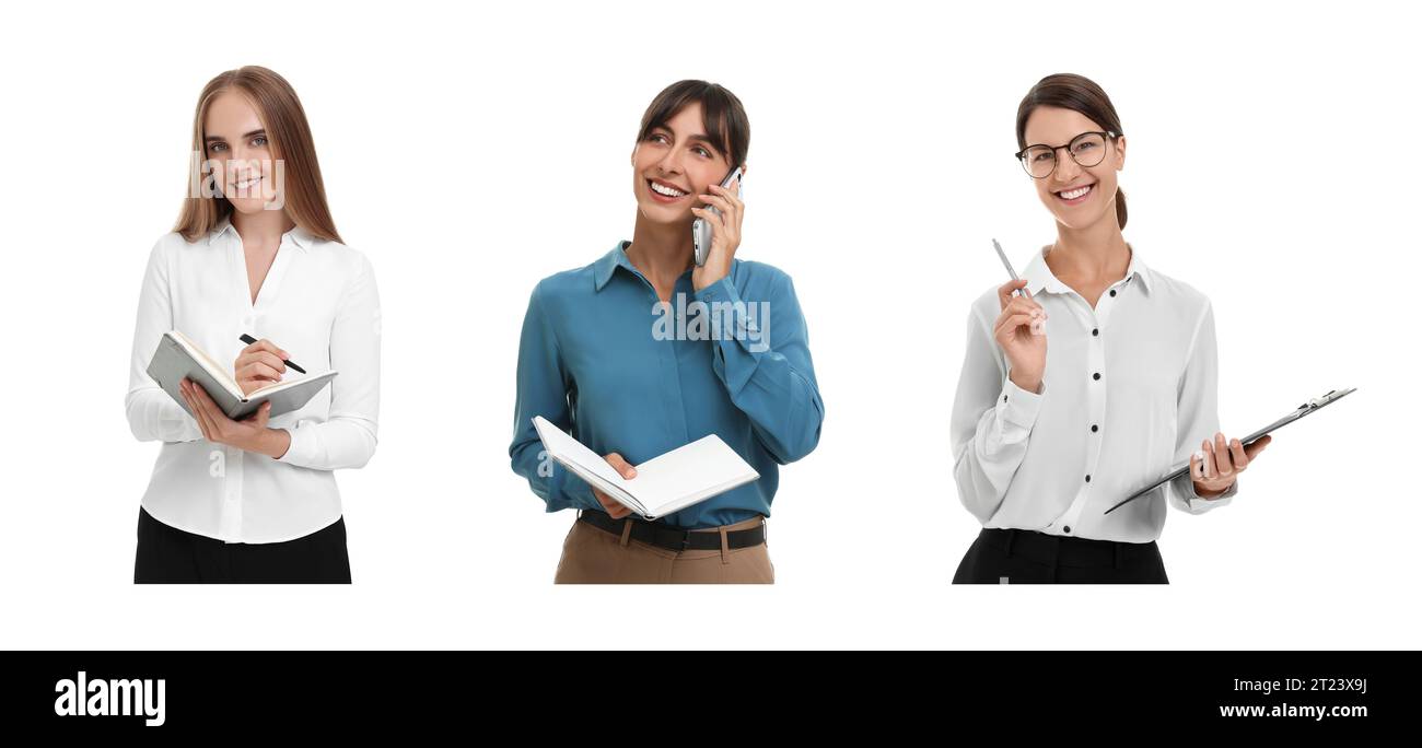Collage with photos of beautiful secretaries on white background Stock ...