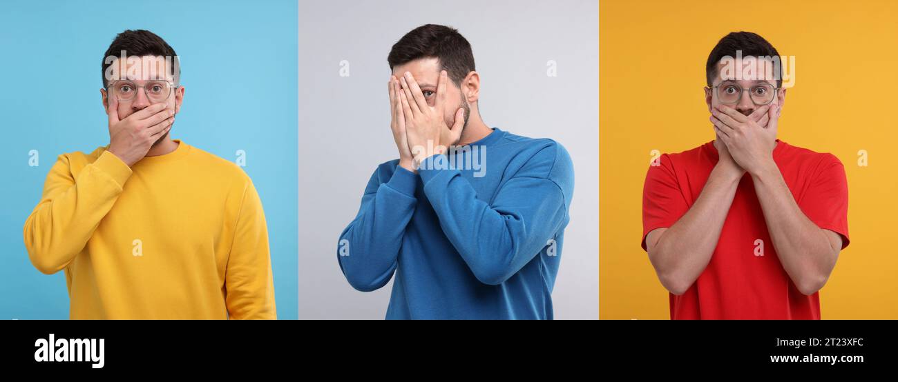 Collage with photos of embarrassed man on different color backgrounds ...