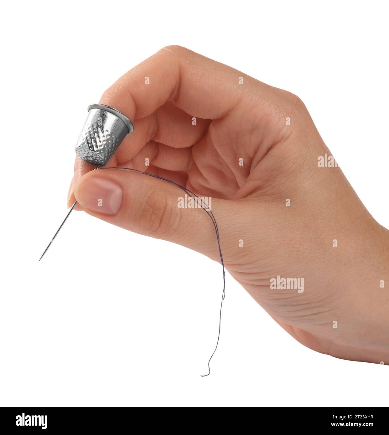 Woman with thimble, thread and sewing needle on white background ...