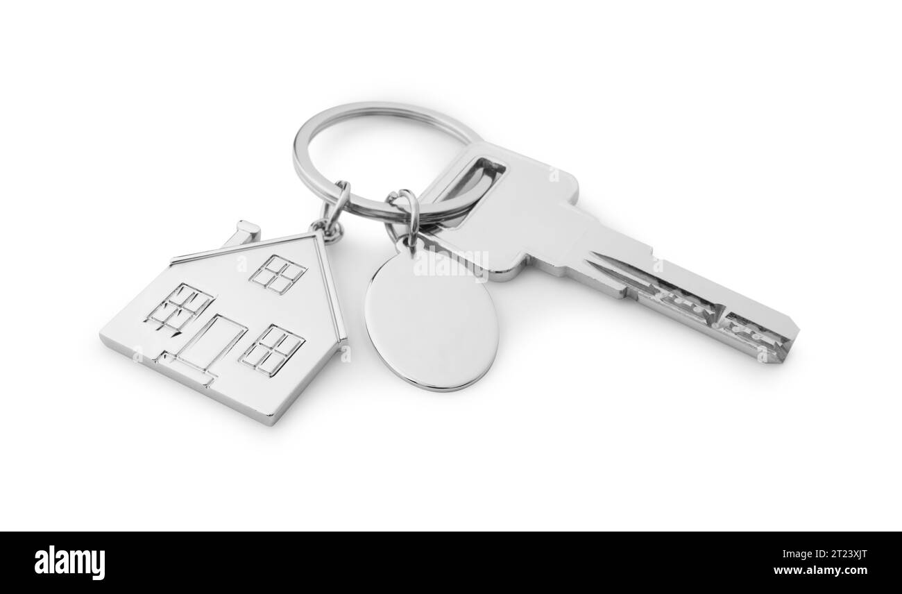 Key with metallic keychain in shape of house isolated on white Stock ...