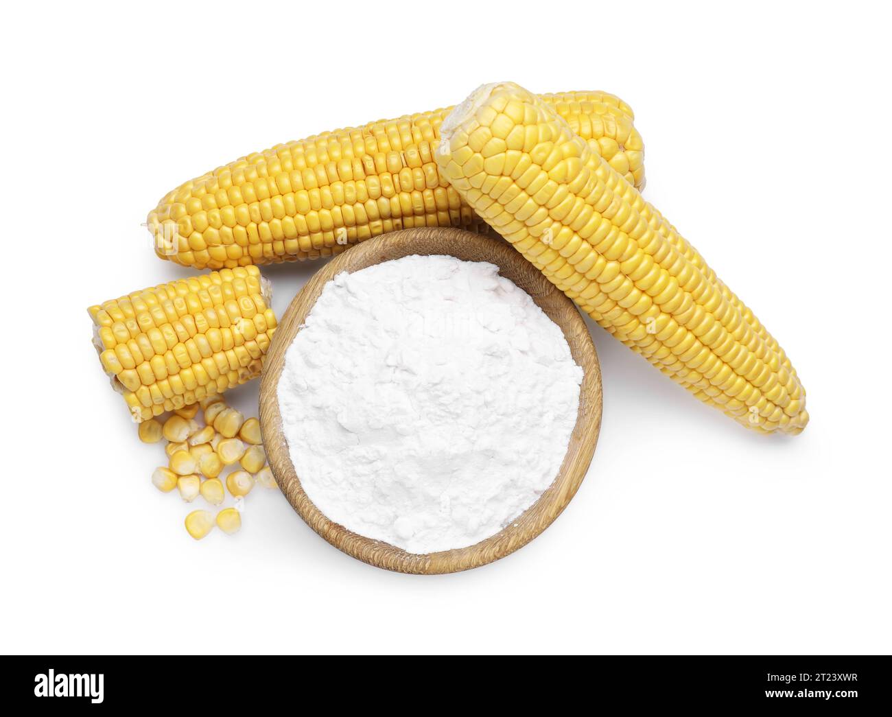 Bowl of corn starch, ripe cobs and kernels on white background, top ...