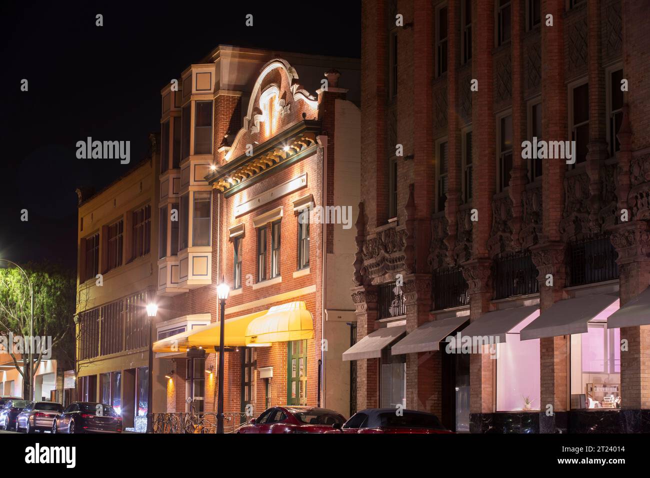 Night time view of the historic downtown skyline of Monterey ...