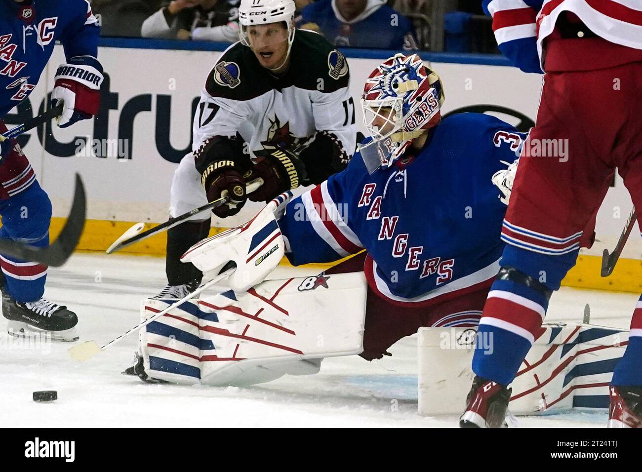 New York Rangers goaltender Igor Shesterkin (31) stops a shot on goal ...