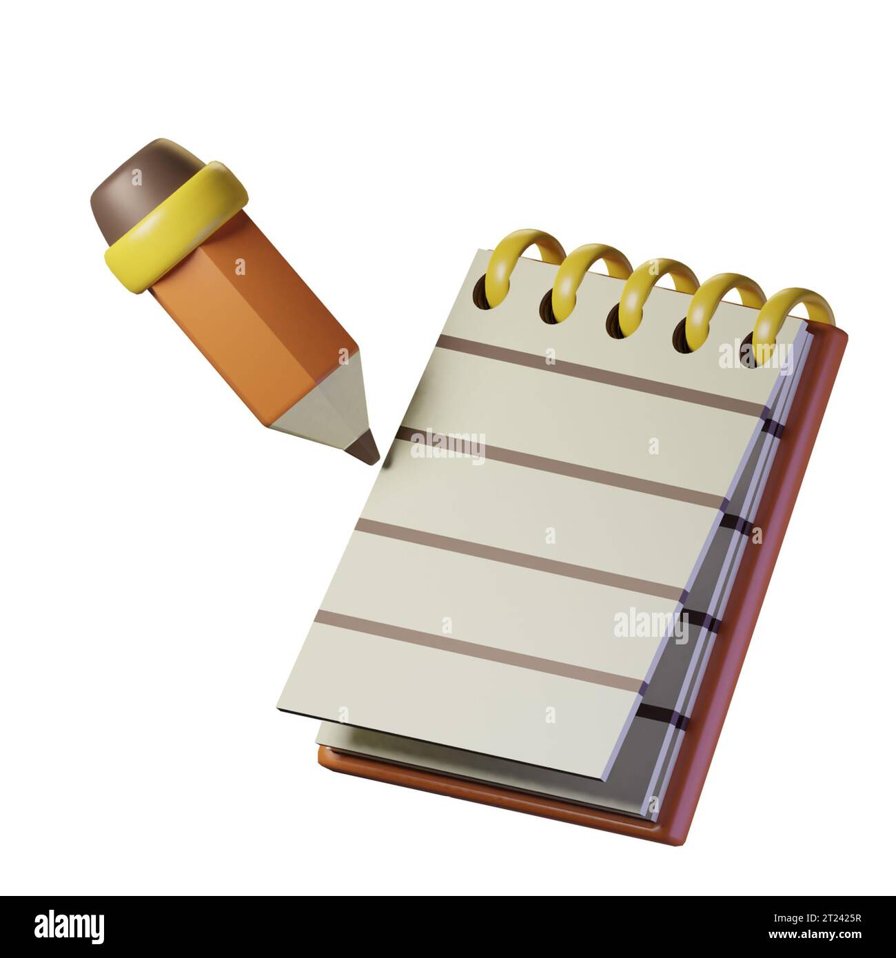 Notes and pencil with an orange theme. Isolated on white background. 3D ...