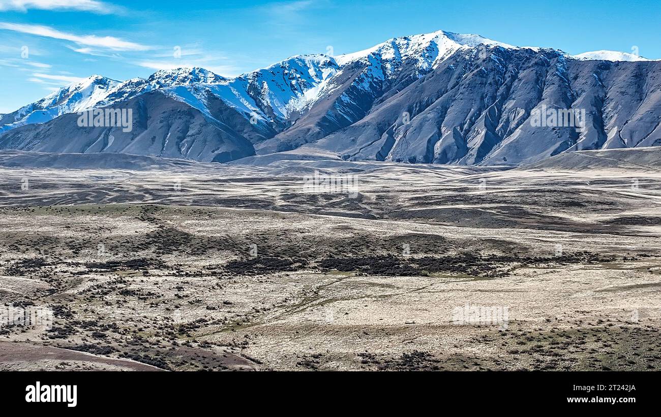 Drone mountain and farming country views of the shores of Lake Tekapo ...
