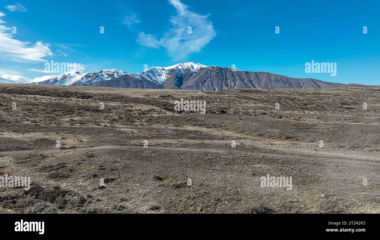 Drone mountain and farming country views of the shores of Lake Tekapo ...