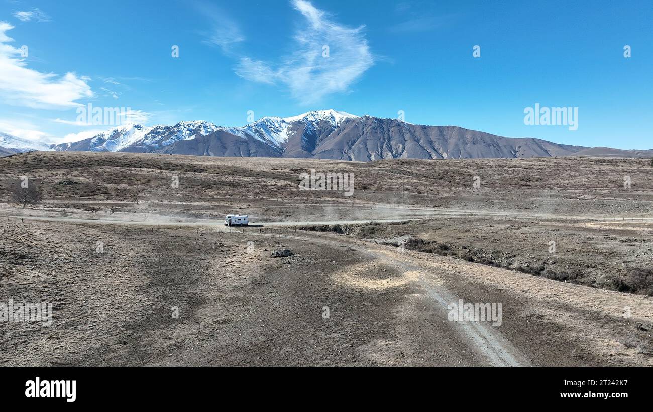 Drone mountain and farming country views of the shores of Lake Tekapo ...