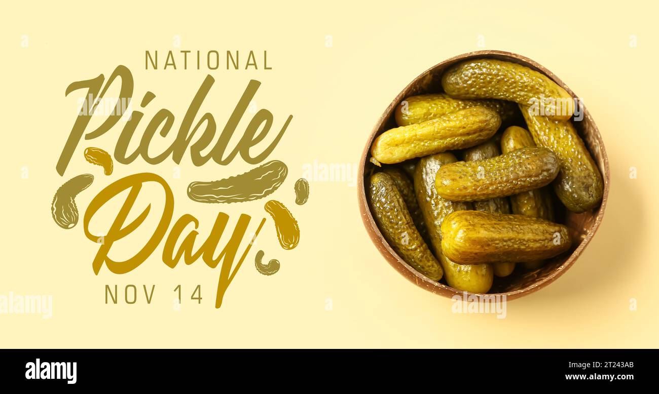 Banner for National Pickle Day with canned cucumbers on beige ...