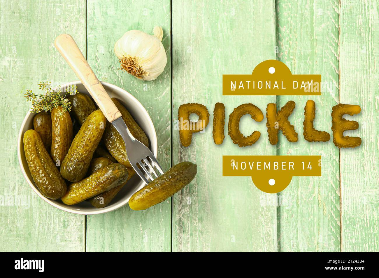 Greeting card for National Pickle Day with canned cucumbers on wooden ...