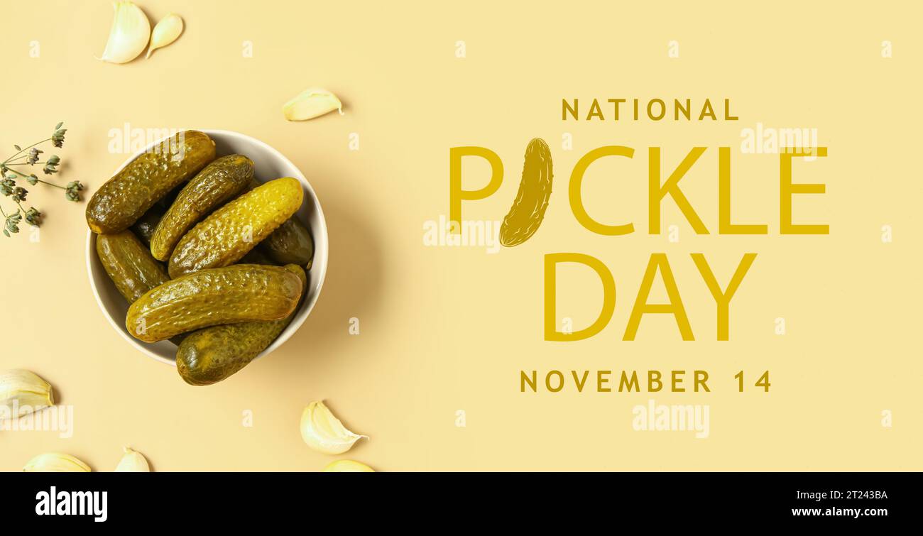 Banner for National Pickle Day with canned cucumbers on beige ...