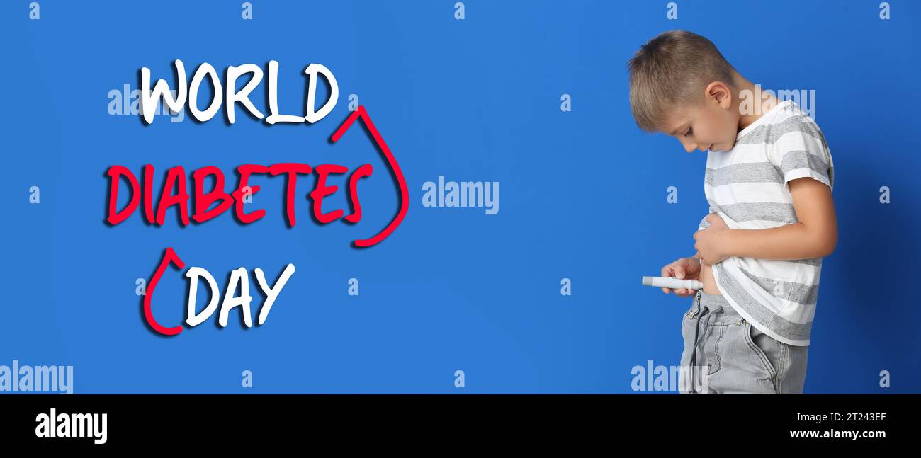 Banner for World Diabetic Day with boy giving himself insulin injection ...