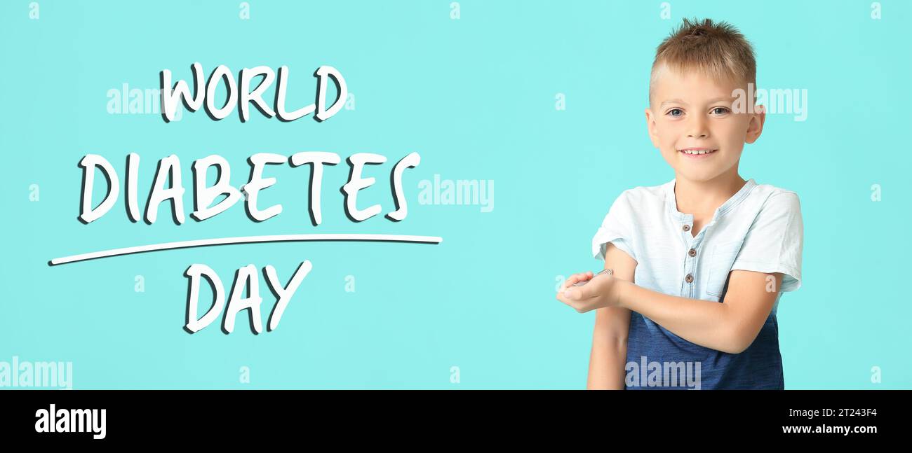 Banner for World Diabetic Day with boy giving himself insulin injection ...