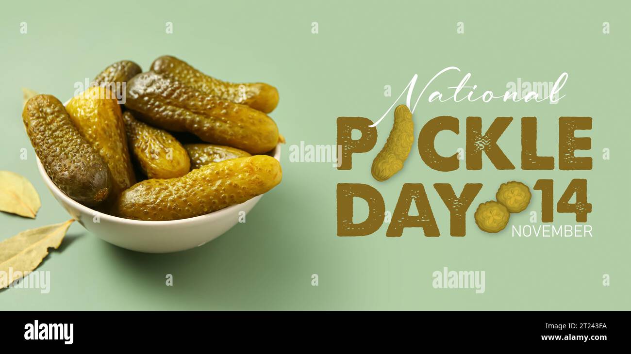 Banner for National Pickle Day with canned cucumbers on green ...