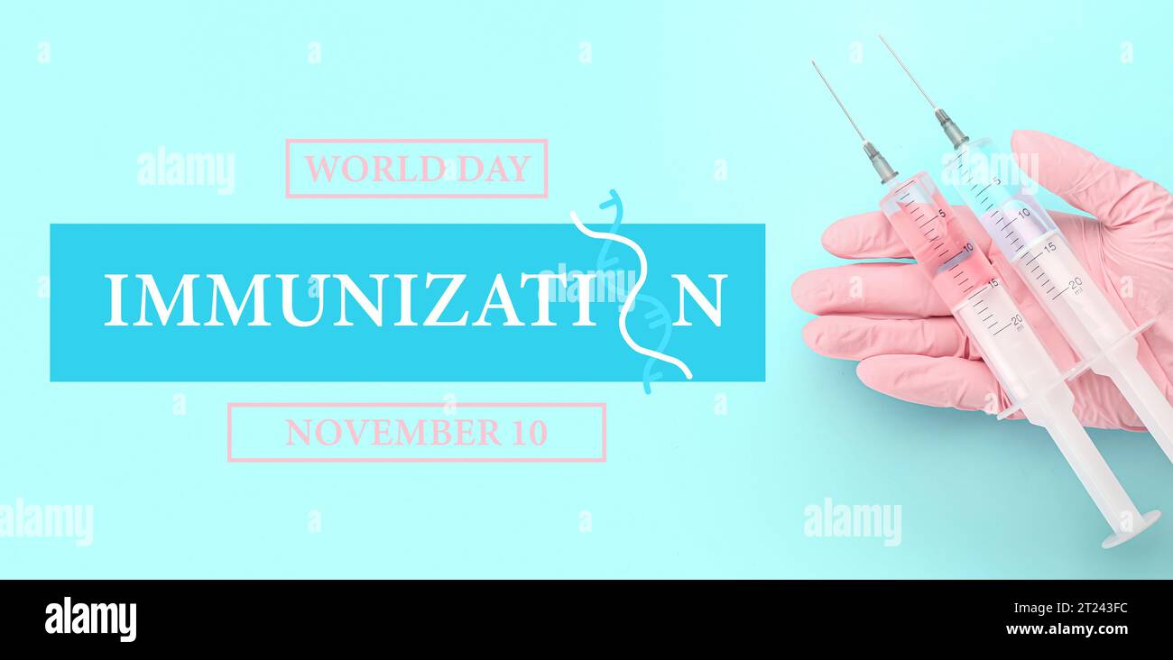 Banner for World Immunization Day with doctor's hand and syringes Stock ...