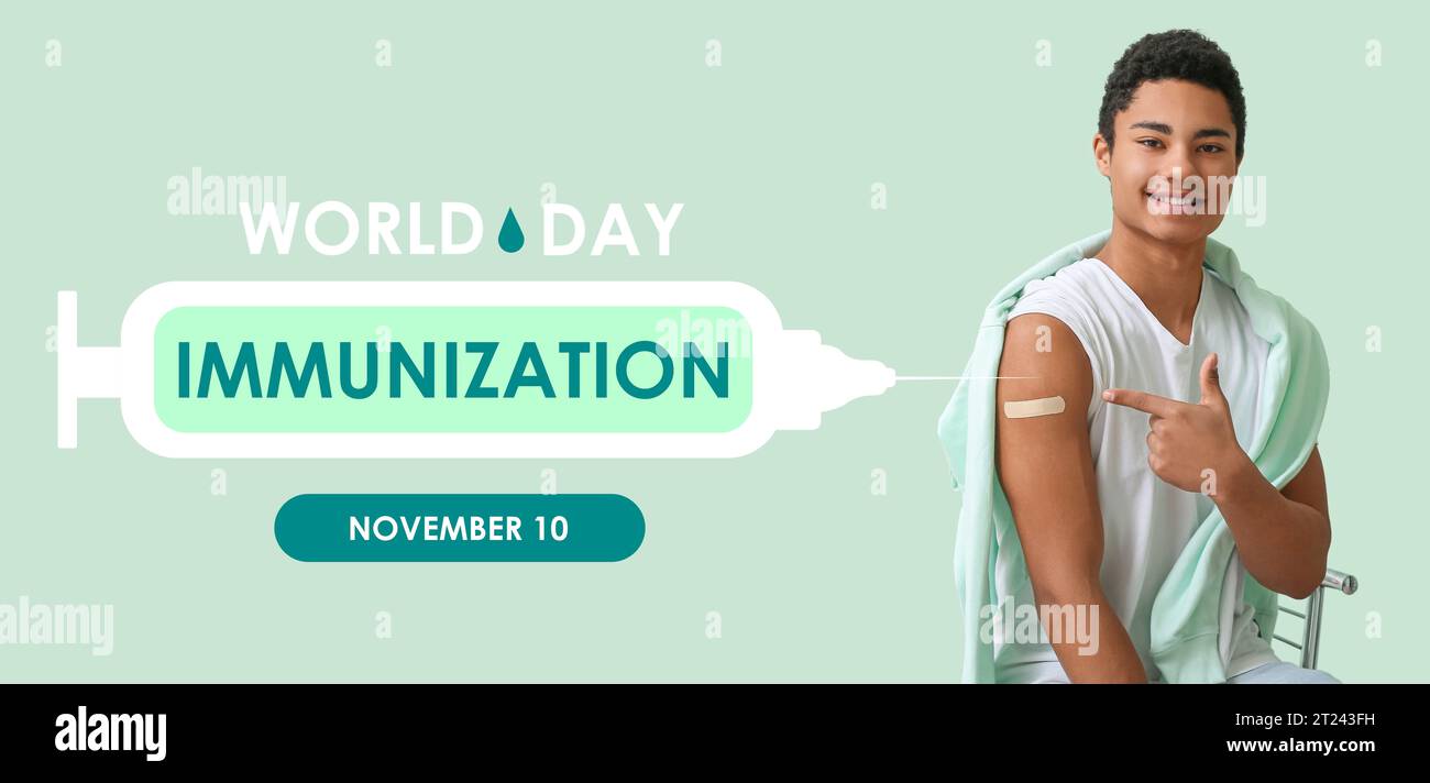 Banner for World Immunization Day with young man after vaccination ...
