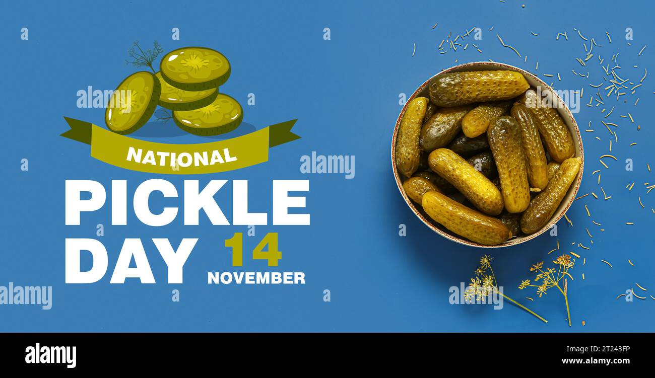 Banner for National Pickle Day with canned cucumbers on blue background ...