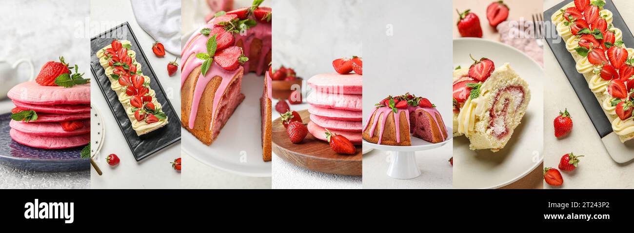Collage of tasty strawberry confectionery on light background Stock ...