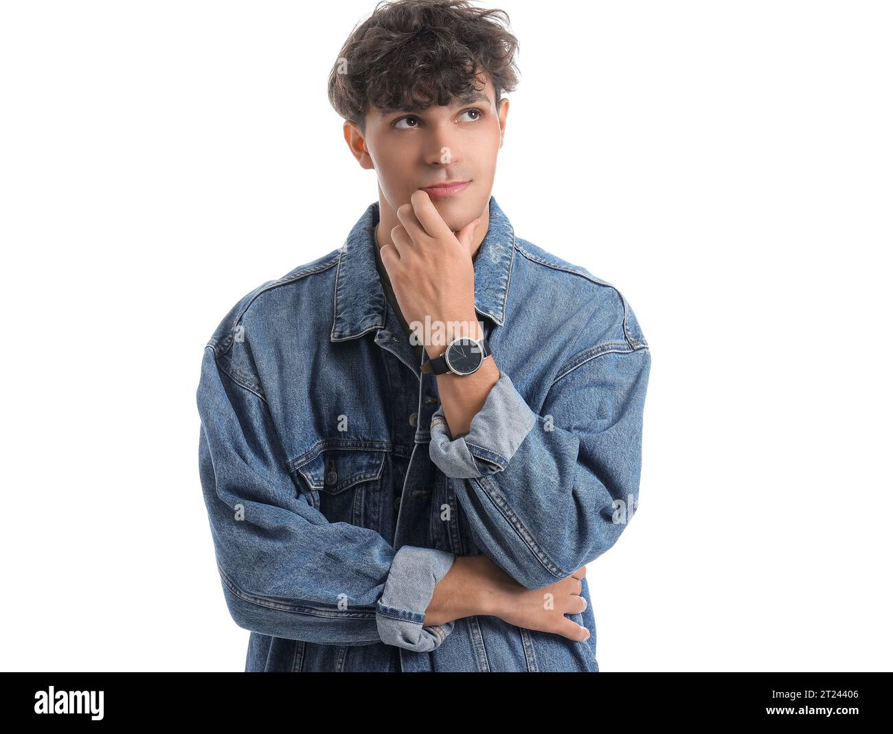 Portrait of pondering young man isolated on white background Stock ...